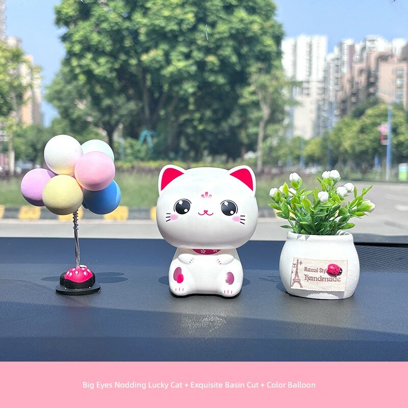 Солнечная Powered Big-Eyed Lucky Cat с цветными шарами, декоративным растением и безлипучим креплением