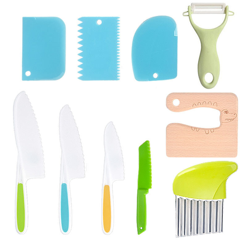 Детский пластиковый набор ножей для фруктов для детского сада и раннего развития, безопасный для рук, подходит для нарезки овощей и тортов, набор игрушечных ножей.