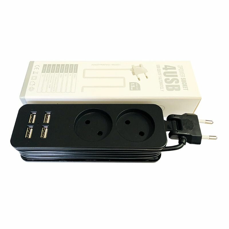 Удлинитель сетевой, зарядное устройство с USB. Провод питания 1,5 метра. S-CT2-1,5U BLACK ТМ