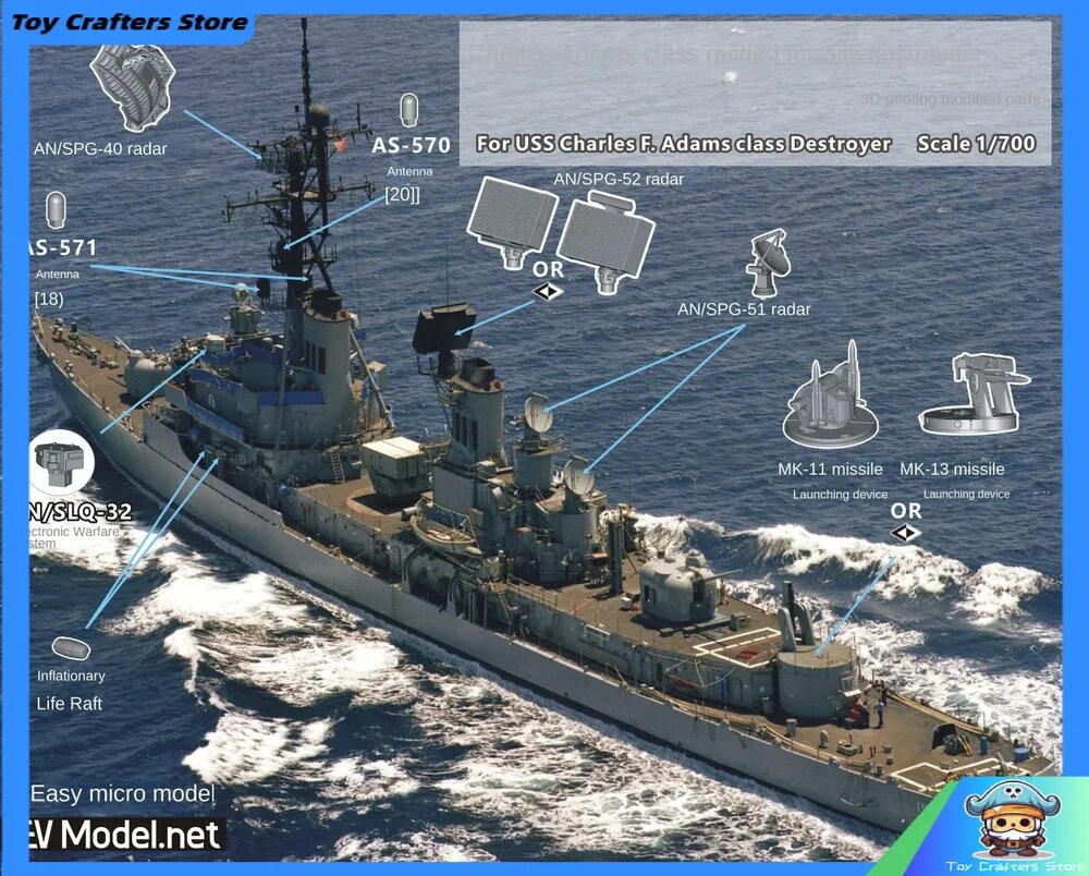 EVMODEL P097 1/700 для разрушителя управляемых ракет класса Чарльза Ф. Адамса 3D-печать