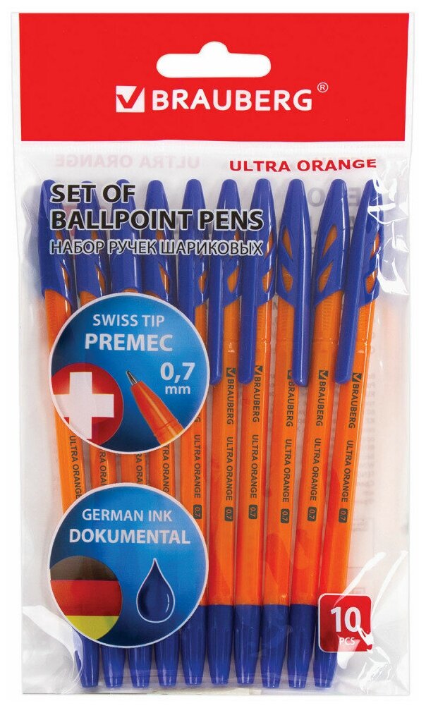 Ручки шариковые BRAUBERG "ULTRA ORANGE", синие, набор 10 штук, корпус оранжевый, узел 0,7 мм, 143571