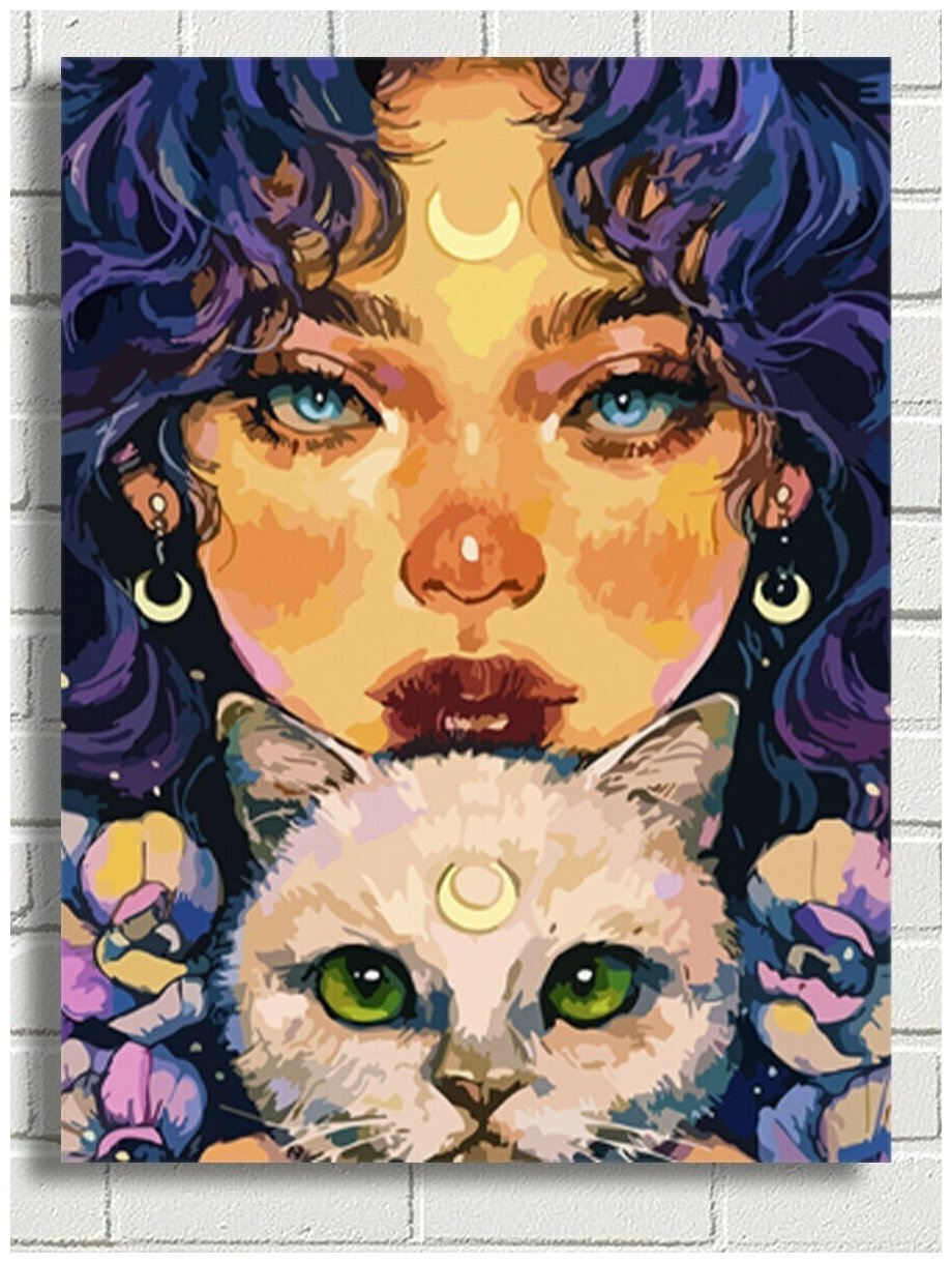 Картина по номерам Девушка с кошкой (луна) - 8487 В 30x40