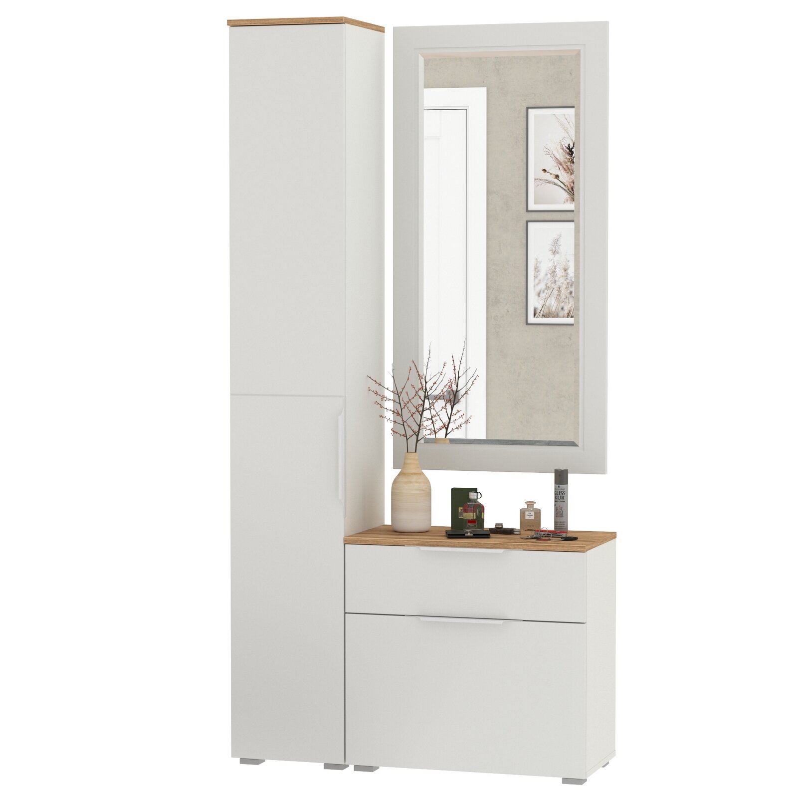 Шкаф-пенал в прихожую с обувницей и зеркалом Моби Октава цвет белый/дуб крафт золотой, 97,1х35,4х197,6 см