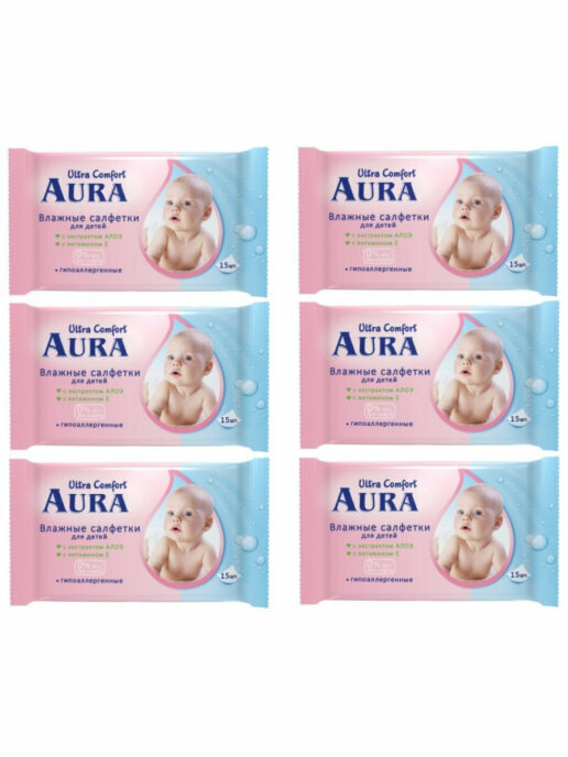 AURA Ultra Comfort Влажные салфетки для детей с алоэ и витамином Е, 100шт с крышкой/уп, 6 уп