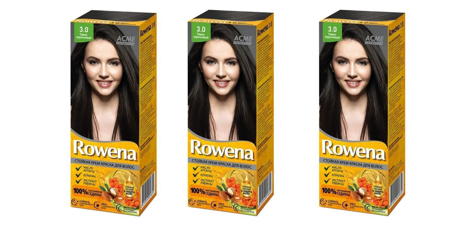 Стойкая крем-краска для волос Rowena, тон 3.0 тёмно-коричневый, 115 мл, 3 шт.