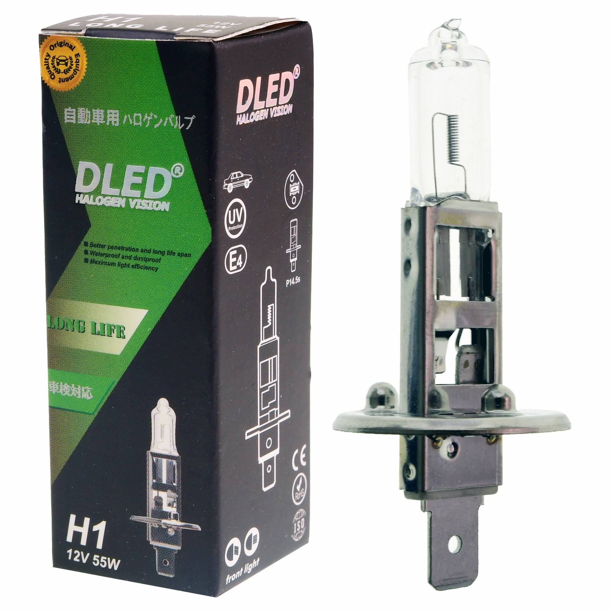 Автомобильная лампа H1 P14.5S 12V 55W 3300K Бренд DLED Серия "Long Life" Теплый Белый (1шт.)