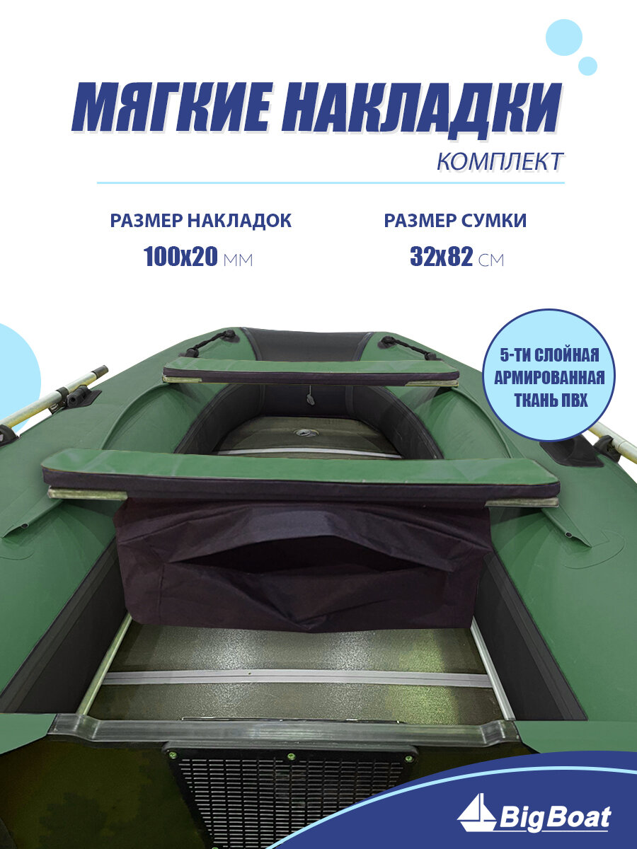 Комплект из 2х мягких накладок одна из них с сумкой на сидение лодки ПВХ, зеленый 1000х200х40