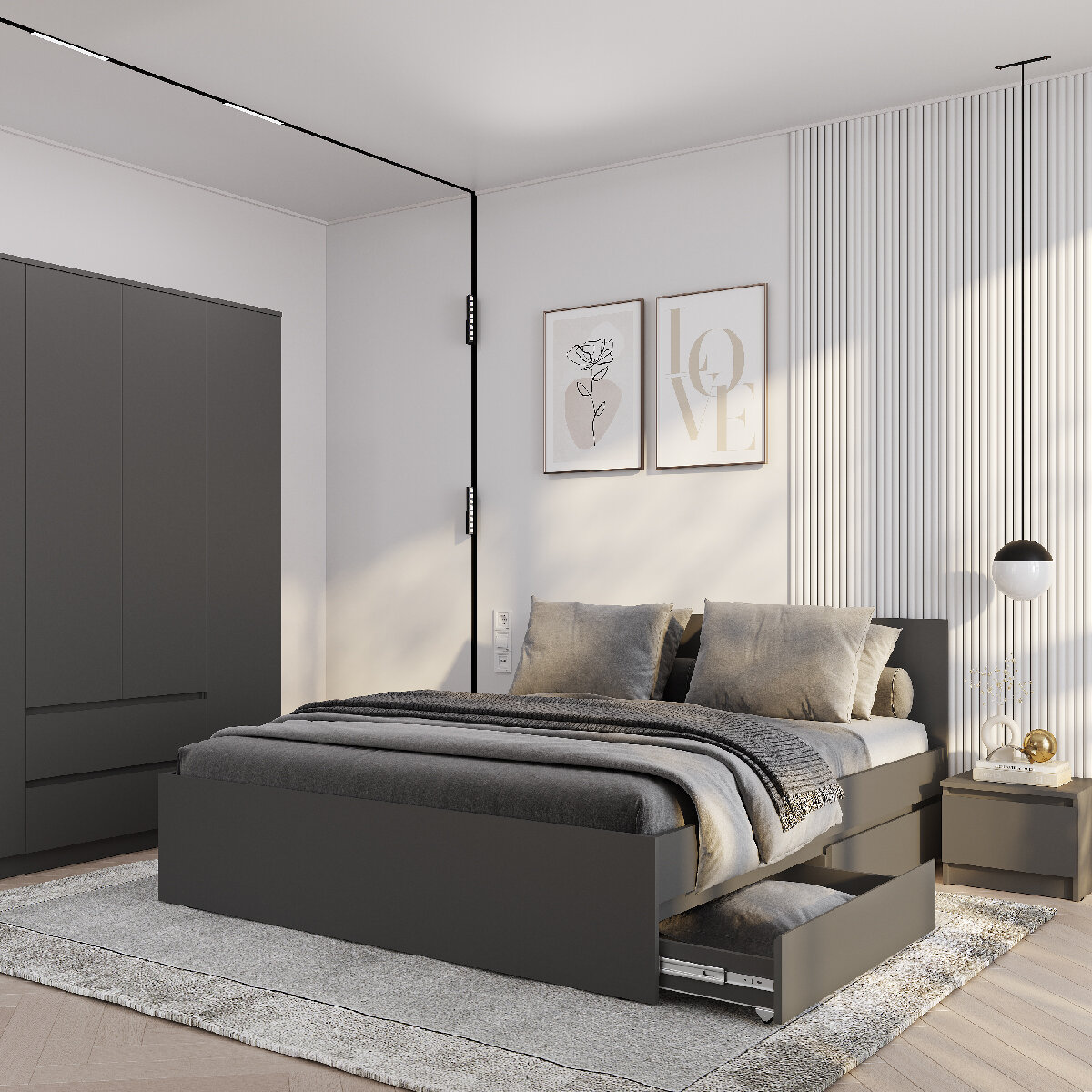 Кровать 160х200 см двуспальная деревянная Симпл КР-17 163,6х76,0х206,0 см, графит