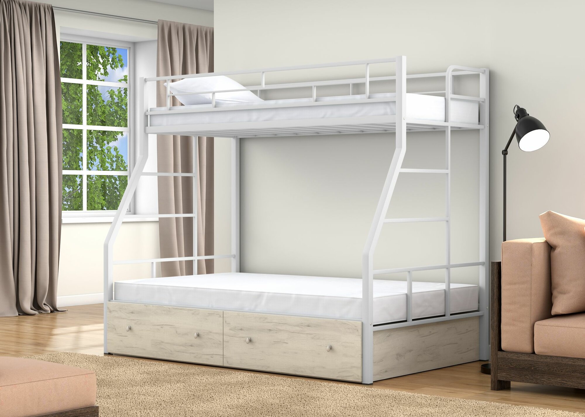 Двухъярусная кровать Раута Твист Белый ящики Дуб крафт белый