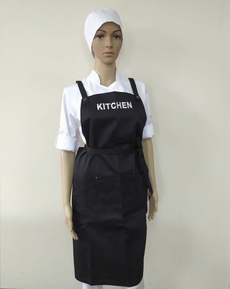 Фартук с вышивкой "Kitchen" (белого цвета) цвет черный (ткань плащ.) на кнопках с люверсами