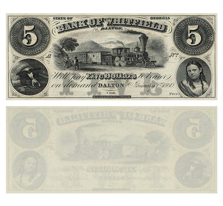 5 долларов 1860 США Джорджия, Dalton, без подписей, сувенирная копия, банкноты и купюры редкие коллекционные