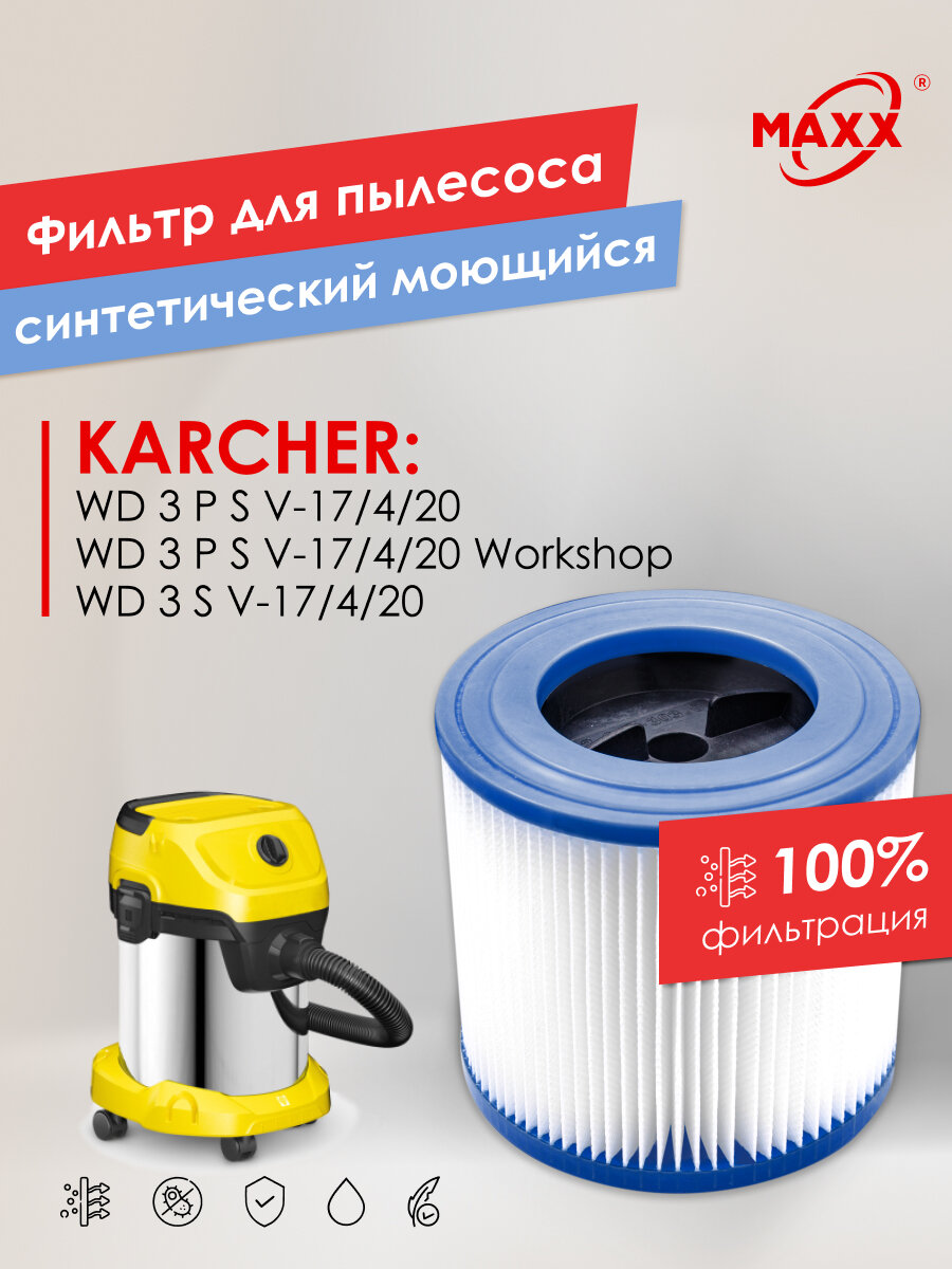 Патронный фильтр PRO синтетический, моющийся для пылесоса Karcher WD 3 P S V-17/4/20, Karcher WD 3 S V-17/4/20