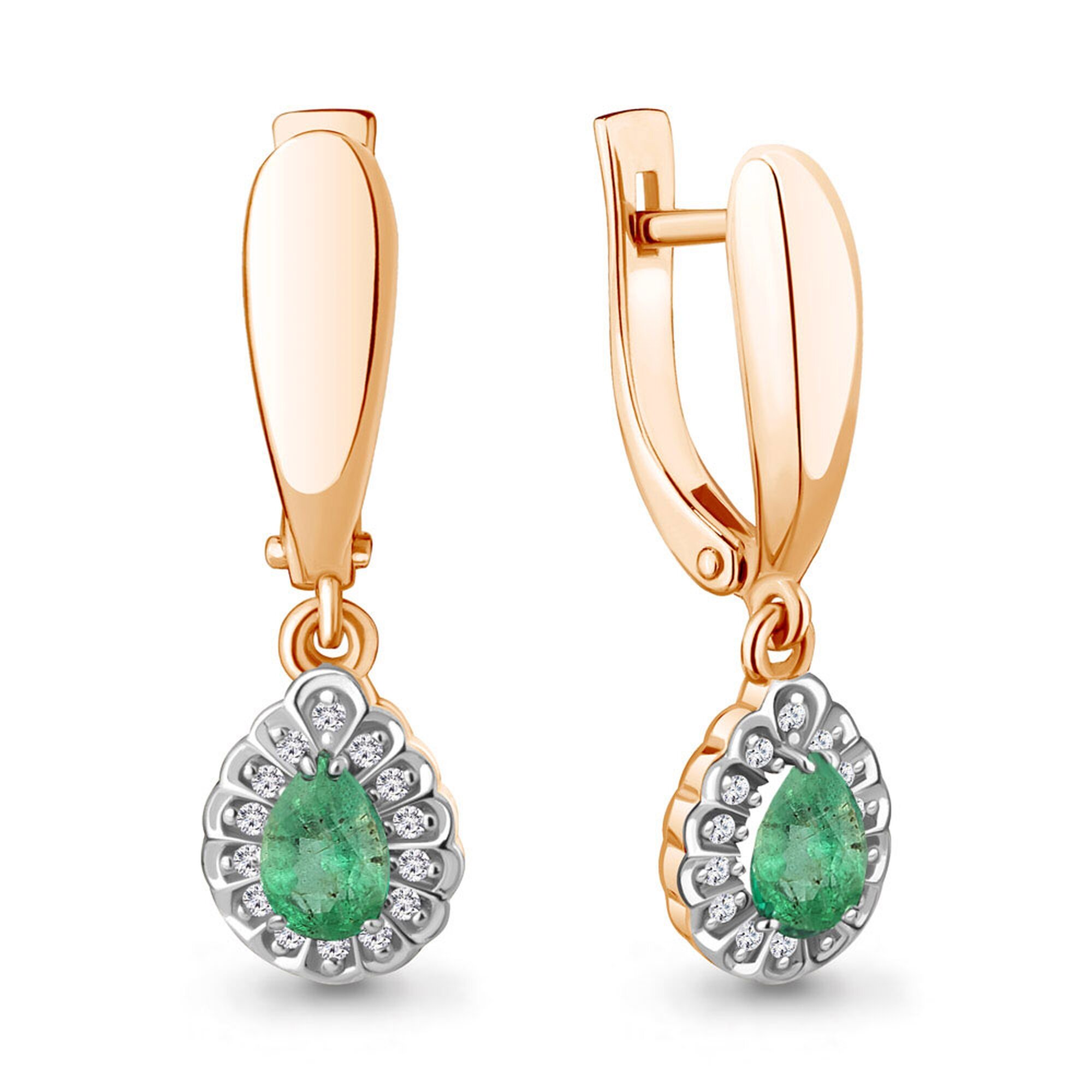 Серьги, красное золото, 585 проба, бриллиант, изумруд