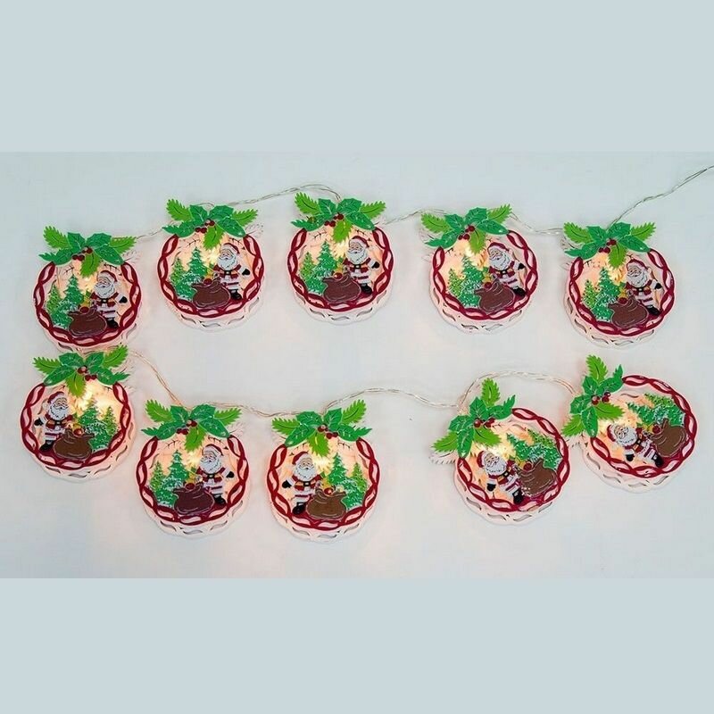 Гирлянда на батарейках (3 АА) "Деревянные шары с Сантой", 10 LED, 1,2 м
