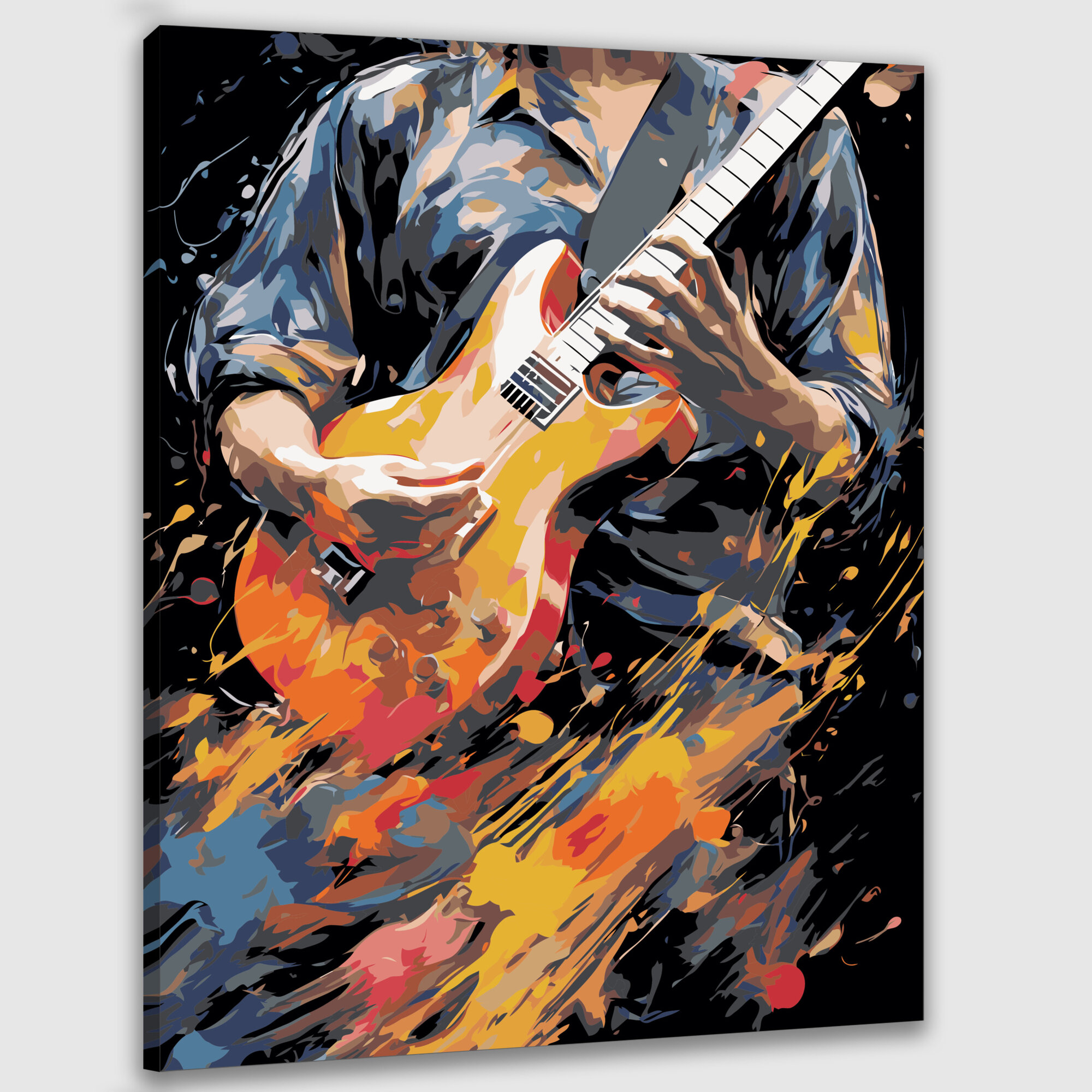Картина по номерам 40x50 см, гитарист, руки, ногти, пальцы, аккорды, фон, музыкальные ноты, цвета, энергия, страсть