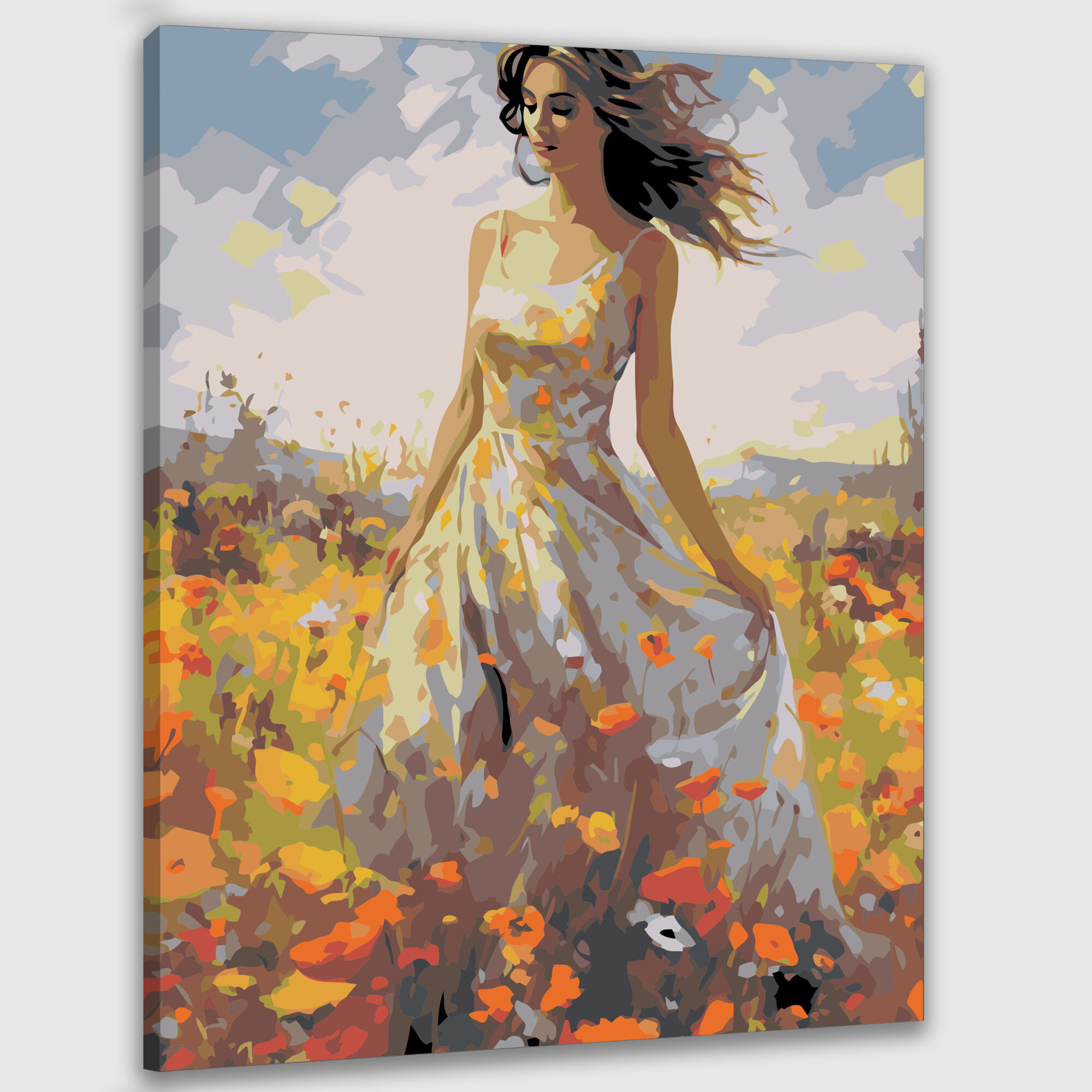 Картина по номерам 40x50 см, картина маслом, девушка в платье, струящееся платье, цветочек, поле полевых цветов