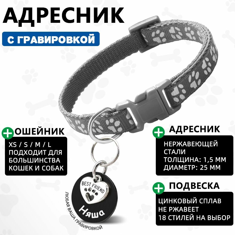 25 мм Адресник из нержавеющей стали с регулируемым ошейник и подвеской, Матовый с гравировкой
