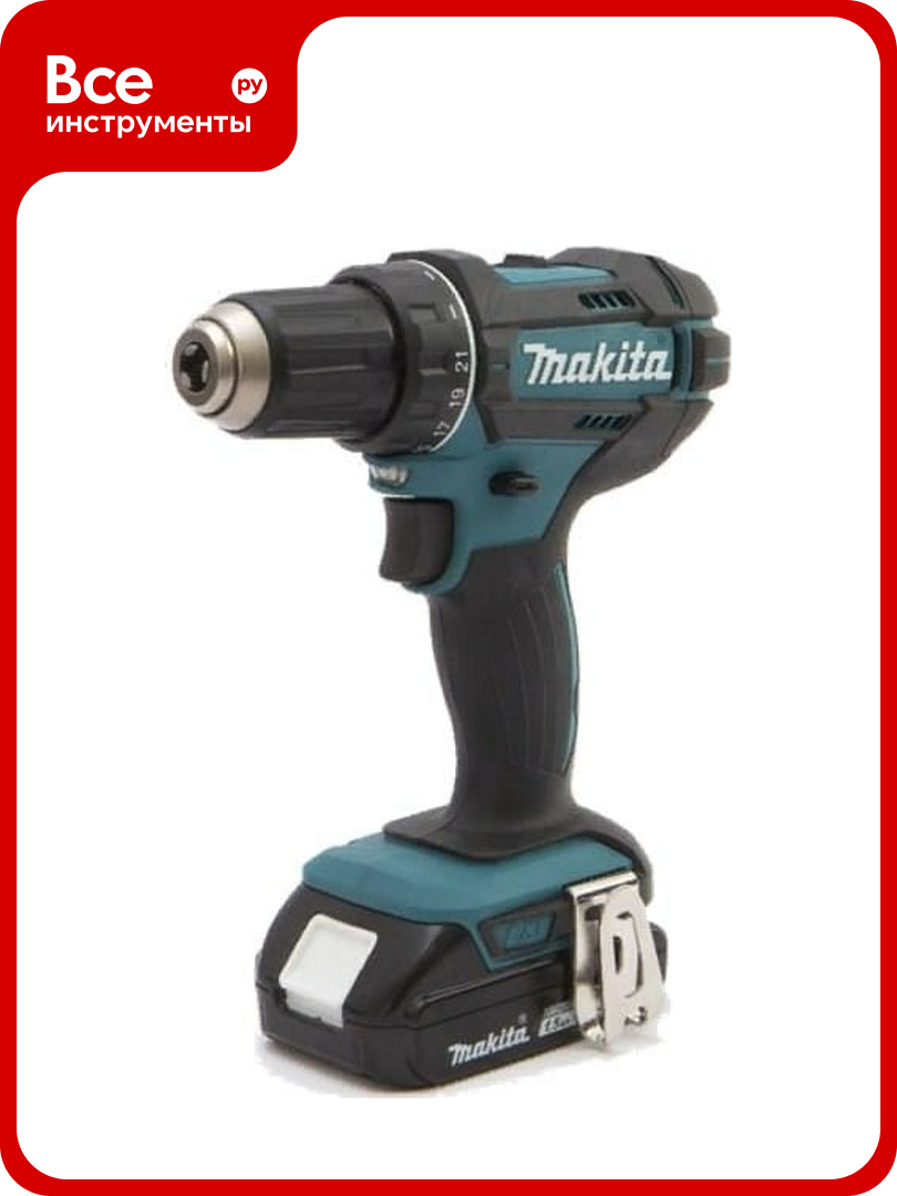 Аккумуляторная дрель-шуруповерт Makita, щеточный двигатель, 21 ступень крутящего момента, 18 В, 2 аккумулятора 1.5 Ач