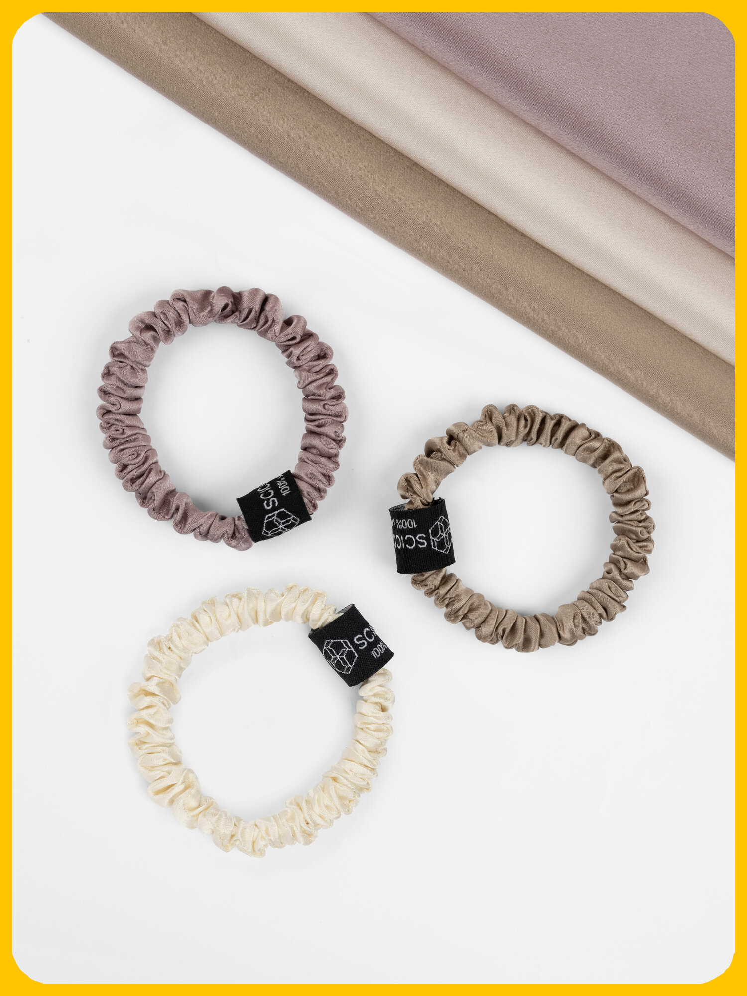 100% натуральный шелк 19 момми/Набор из 3-х резинок 1 см/цвета: пепел розы, темный шампань, светлый шампань