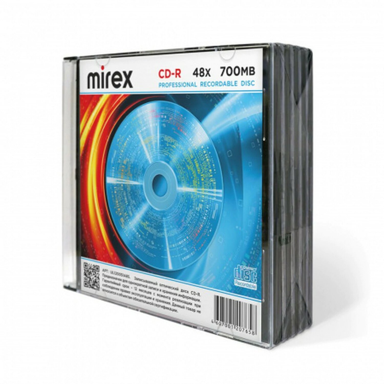 Диски CD-R MIREX, 700 Мб, 48x, Slim Case, комплект 5 шт, UL120051A8F