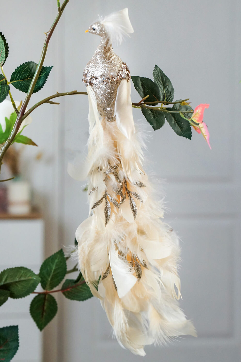 Декоративное украшение сверкающий павлин на клипсе, перо, 41 см, Goodwill MC40518