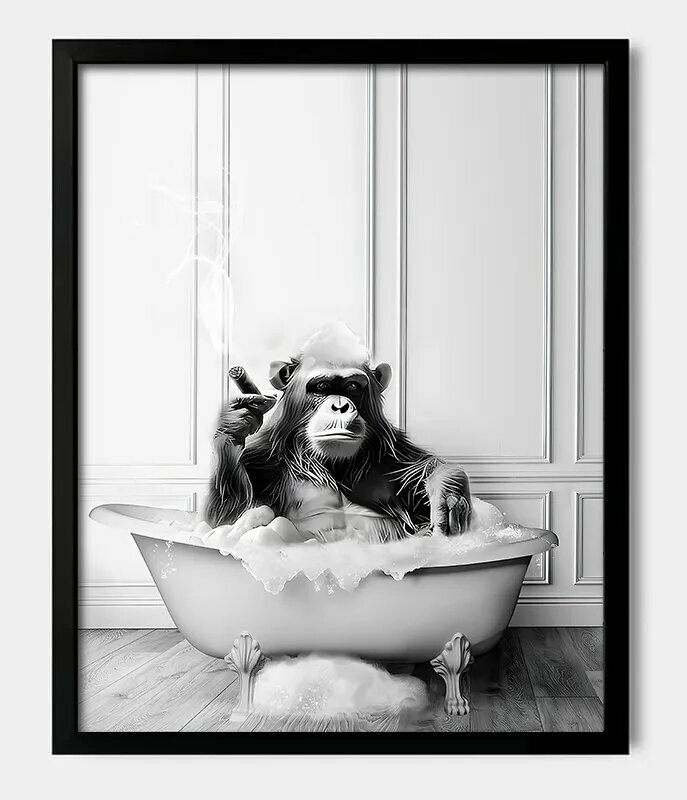 Картина "Шимпанзе в ванной, забавный декор для стен ванной", 25х20 см