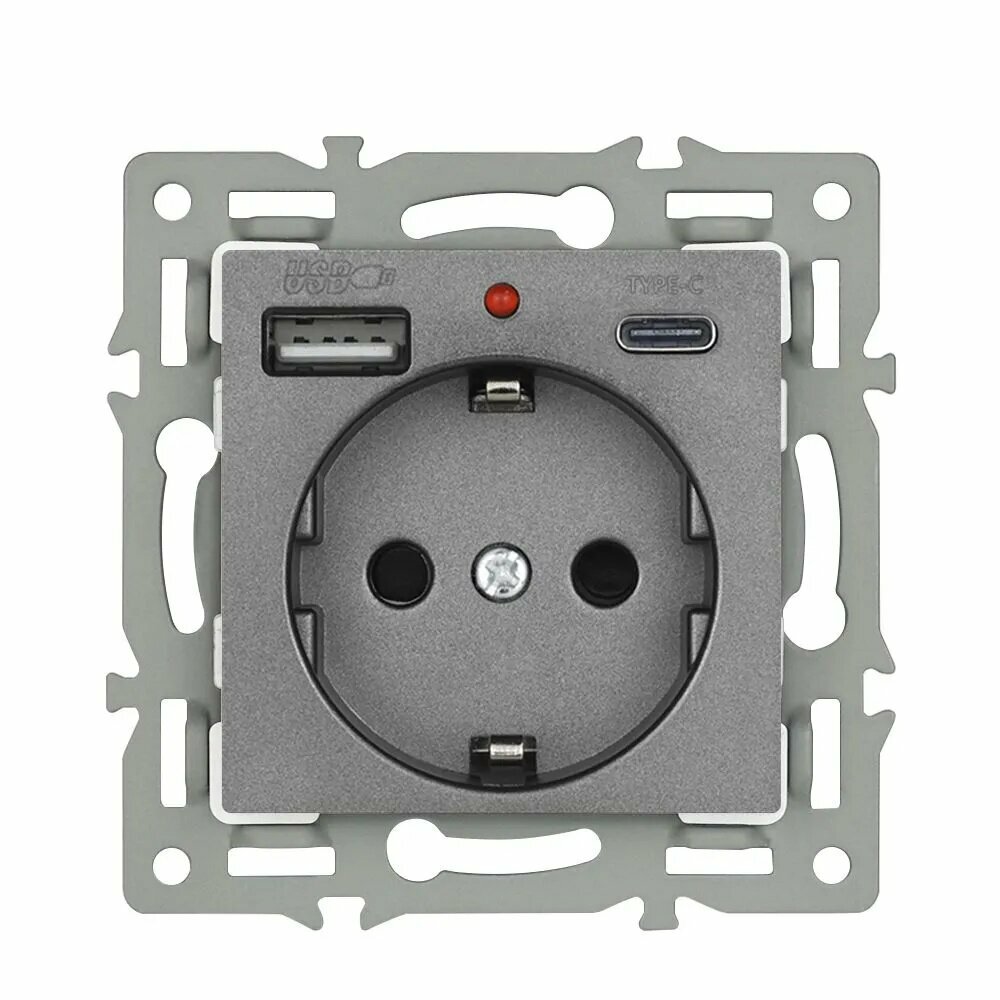 Розетка VISWE с USB и Type-C (A+C ) с заземлением и защитными шторками, без рамки / серая