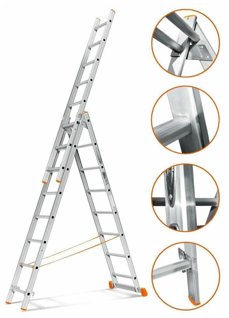 Трехсекционная лестница Эйфель Гранит 3х8, длина 5.1 м, нагрузка 150 кг.