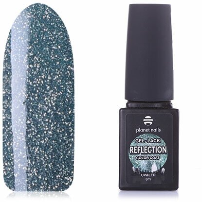 Planet nails, Светоотражающий гель-лак, "Reflection"- 163, 8мл (серо-зеленый, с серебристыми микроблестками, плотный.)