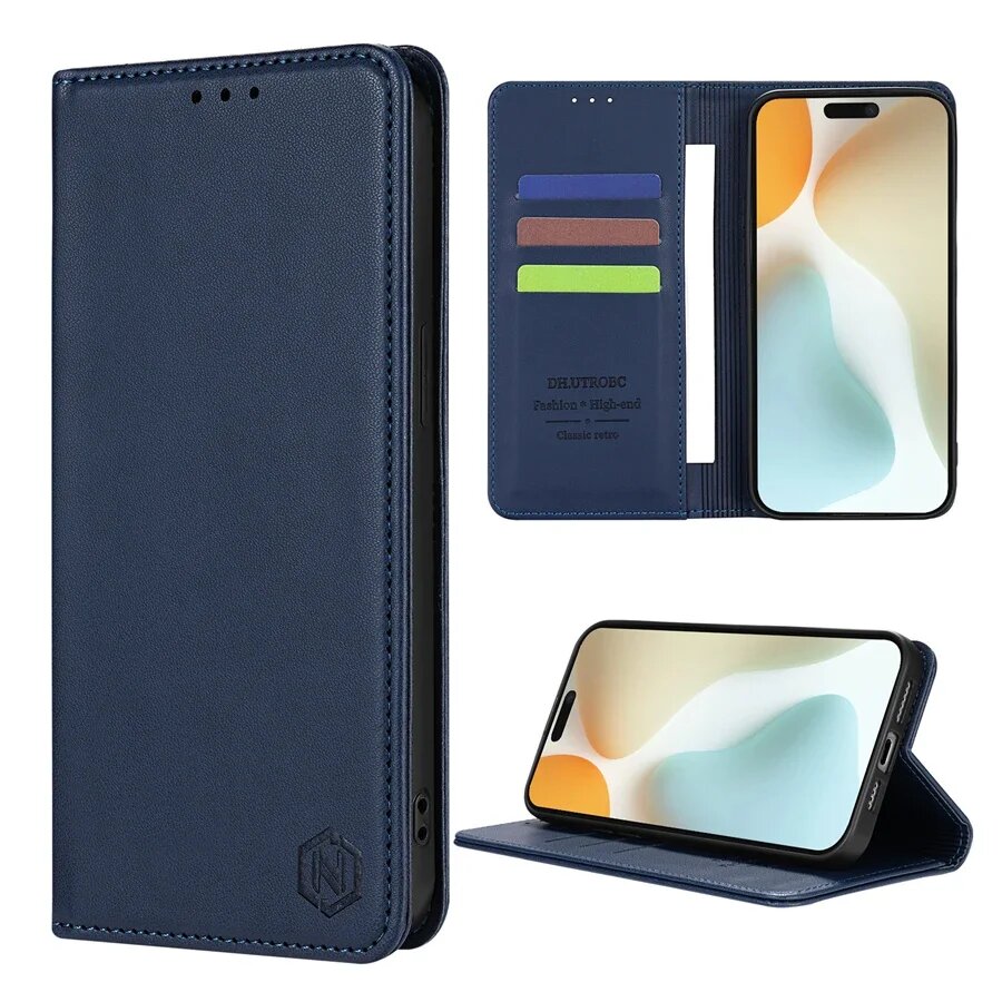 Кожаный чехол-бумажник для iPhone 15 Pro Max 14 13 Mini 12 11 X XR Темно-синий, Blue, iPhone X (XS)