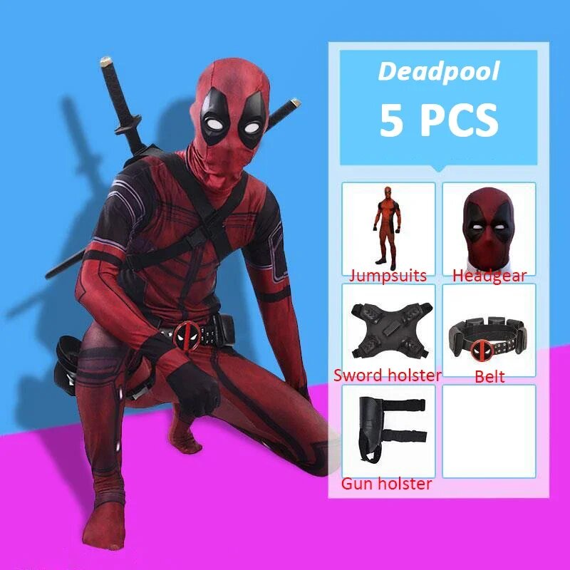 Детский и взрослый костюм Дэдпула из спандекса Красный, XXL, Deadpool-5pcs