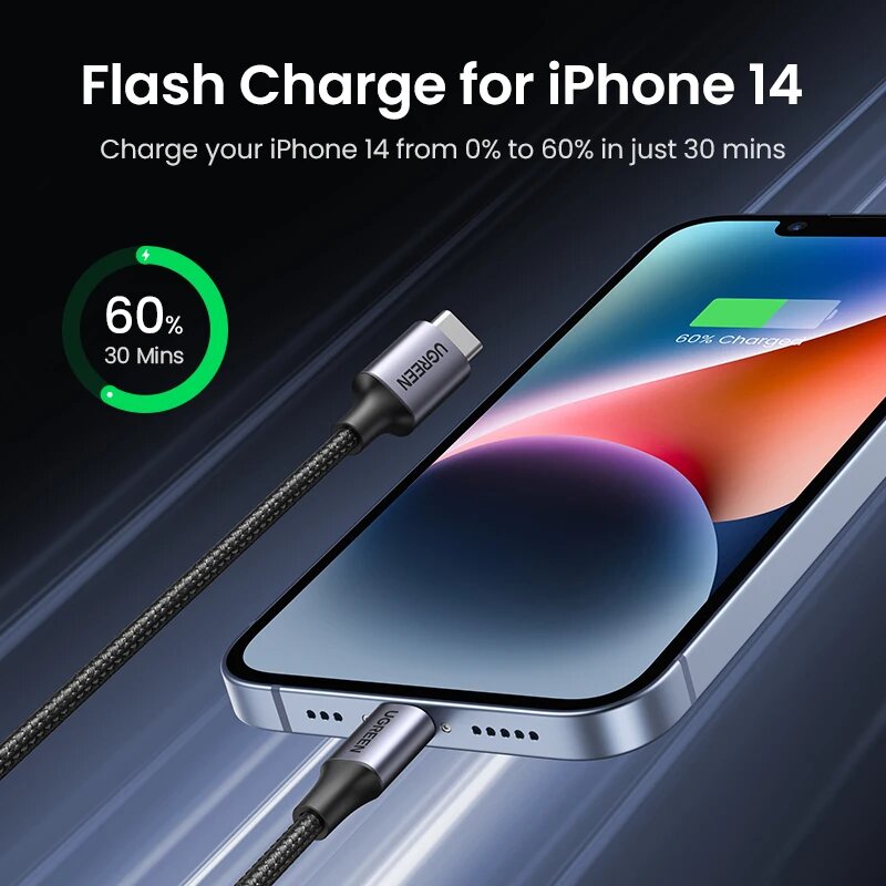 Кабель UGREEN Lightning USB-C 1m, белый TPE, MFi — фото 1