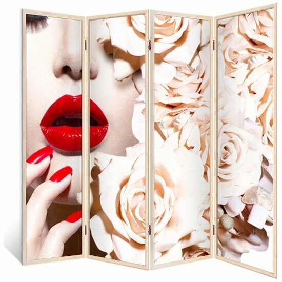 Ширма перегородка Декор Депо для комнаты деревянная "Свадебная роза" двухсторонняя с картинкой (мода и красота) 4 створки кремовый дуб 176х185 см 14 кг