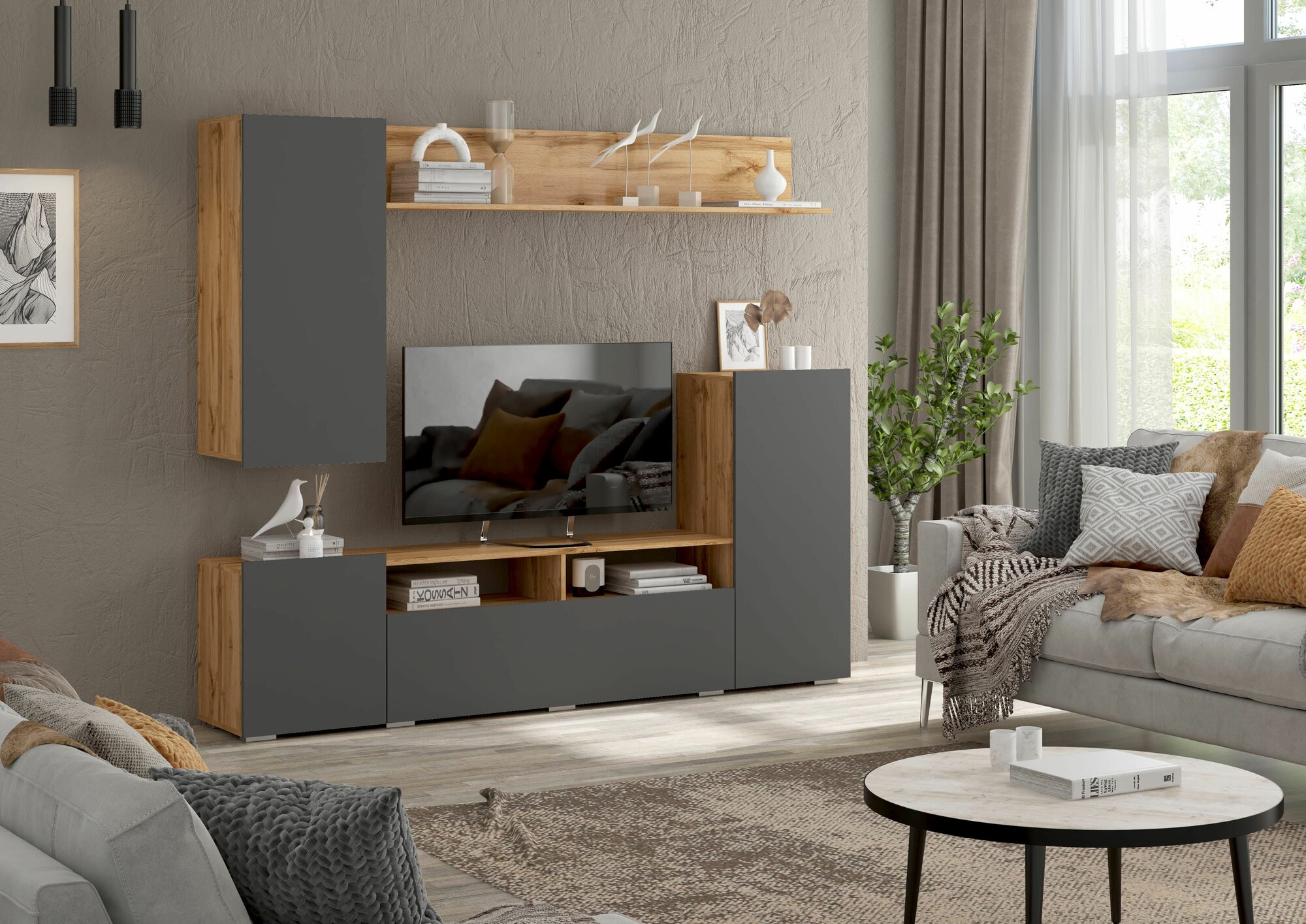 Гостиная "Лия" ЛДСП (2130х1680х350) Дуб вотан/Графит (Rikko)