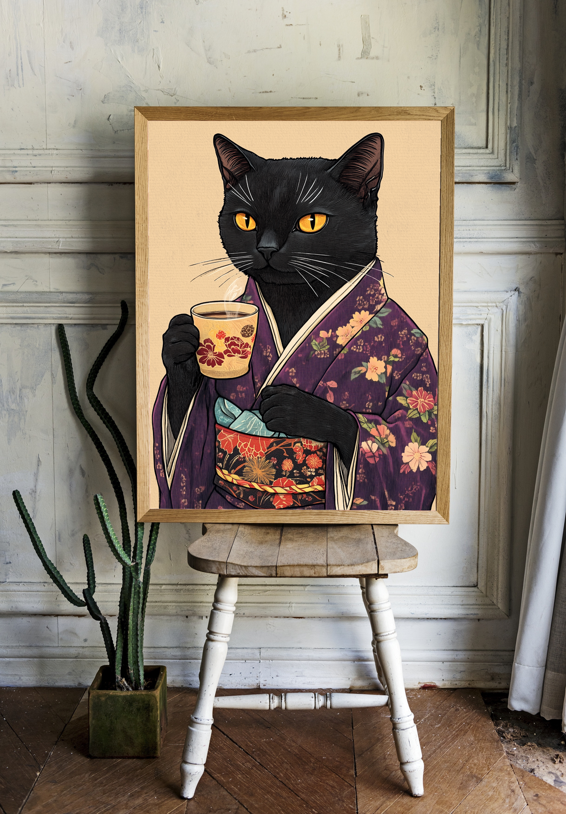 Постер "Чёрный кот в кимоно" 40x50 без рамы