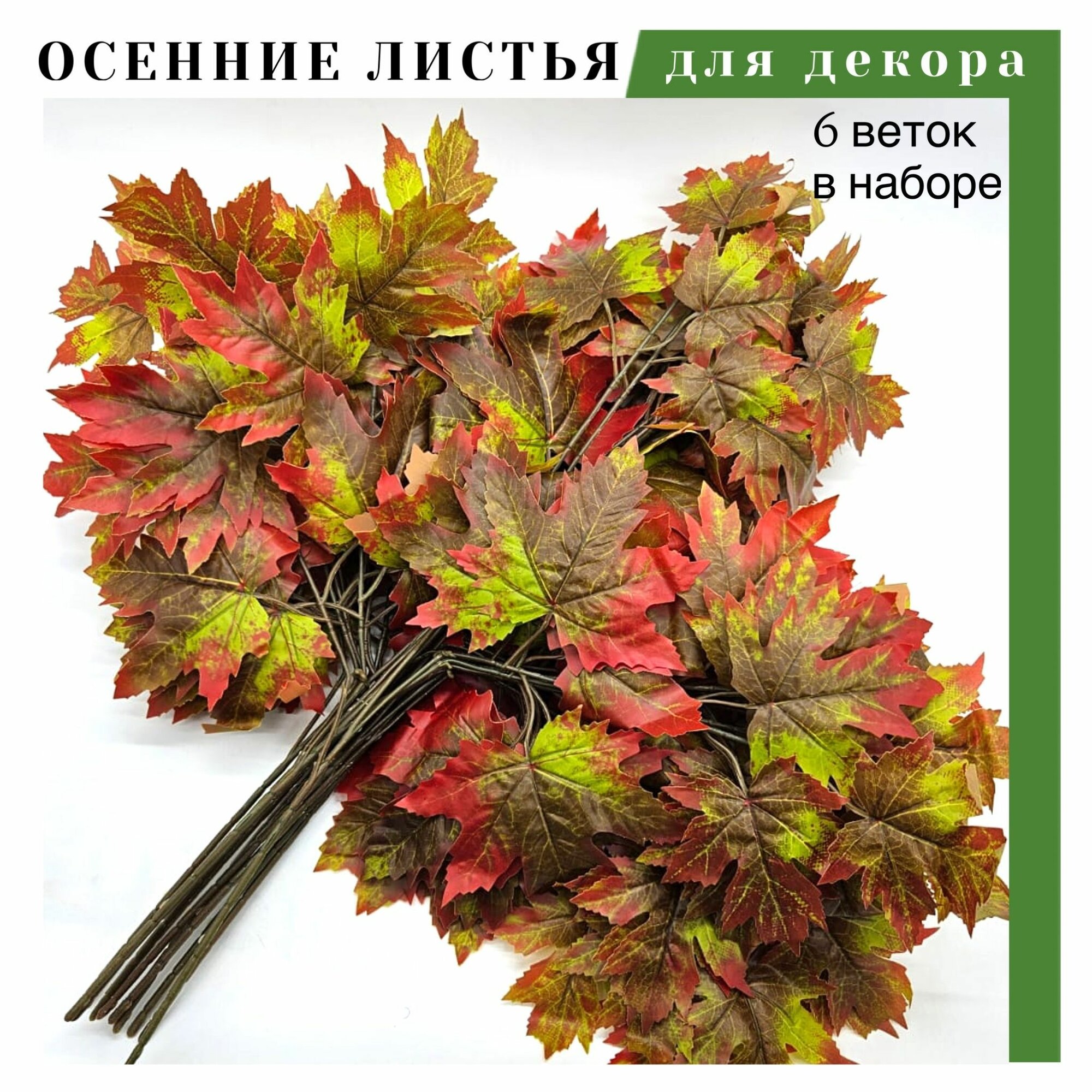Осенние листья для декора, клен 6 веток (зелено-красный)