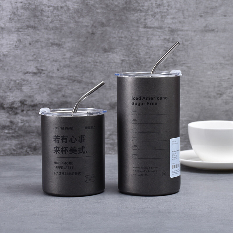Креативная вакуумная термокружка для американо, портативная кружка для латте из нержавеющей стали с соломинкой, термос большой емкости для автомобиля.
