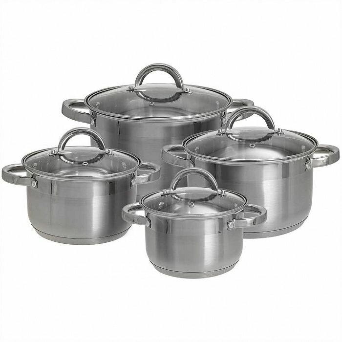Набор посуды WEBBER BE-630/8 из нержавеющей стали 2,2л, 3,0л, 4,0л, 5,2л со стеклянными крышками