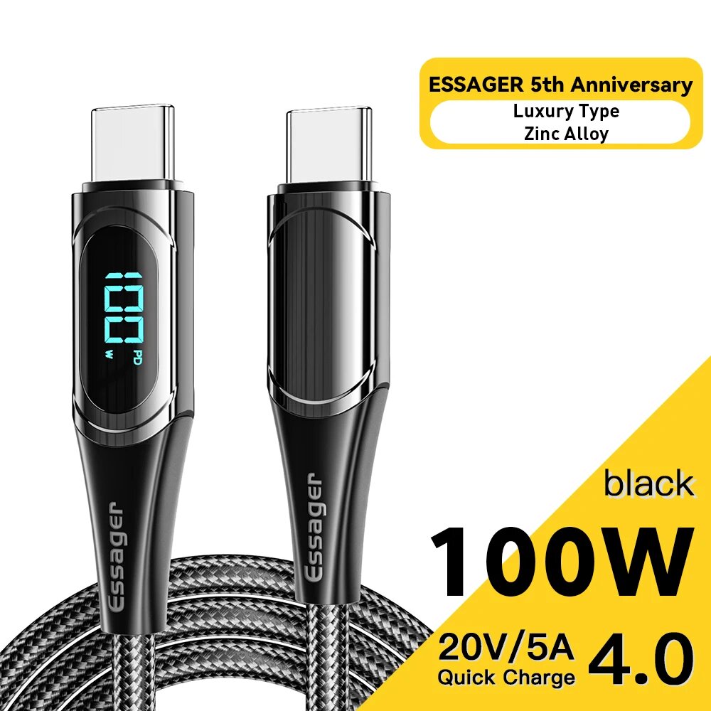 Essager USB Type C к USB C-кабелю 100 Вт/5 А PD, зарядное устройство для 1 м, 100W Black Cable 02