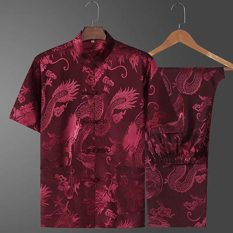 Китайский костюм Тан мужской полиэстер вискоза черный Бордовый, 2XL, Red Suit