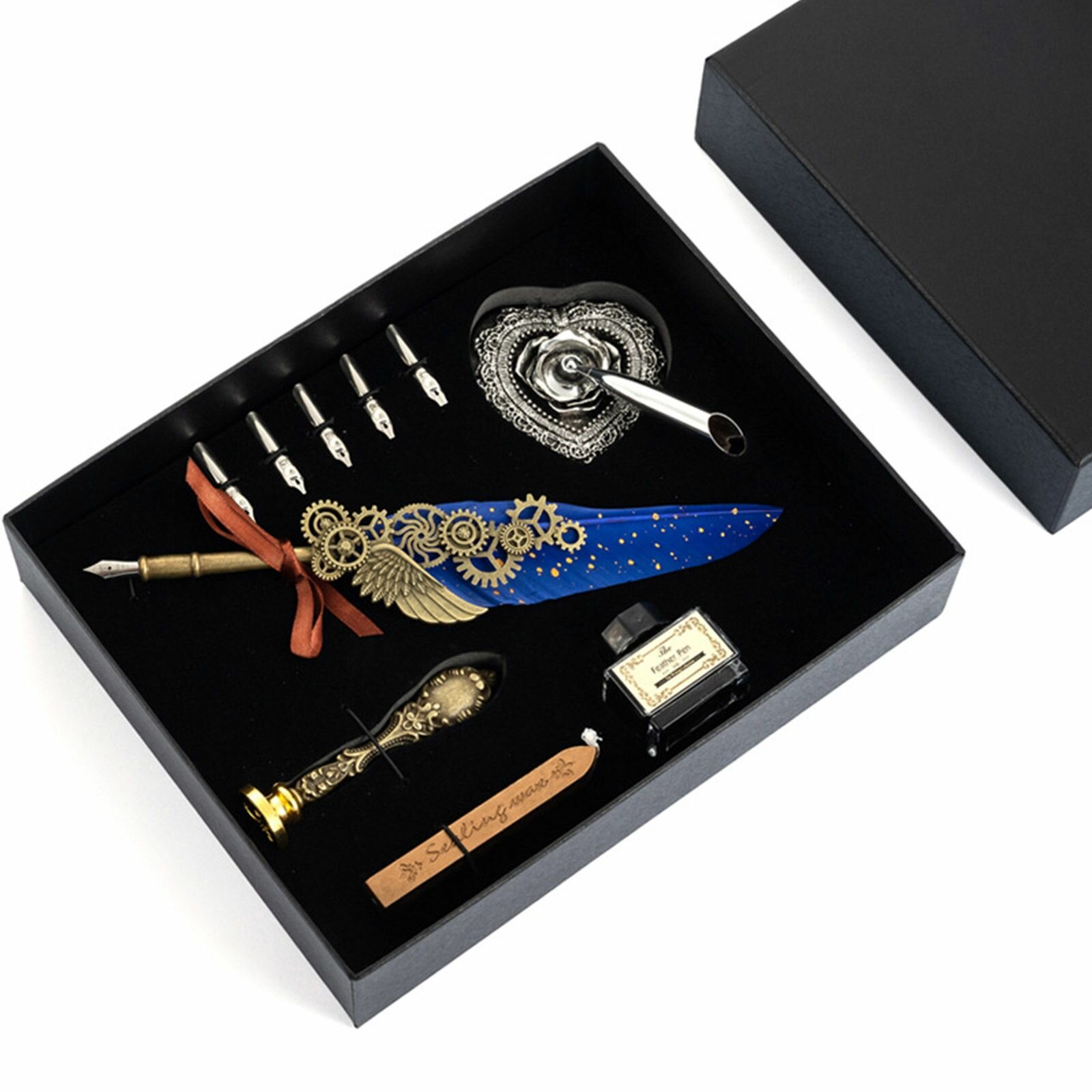 Антикварный набор перьев для каллиграфии с чернилами и восковым печатью