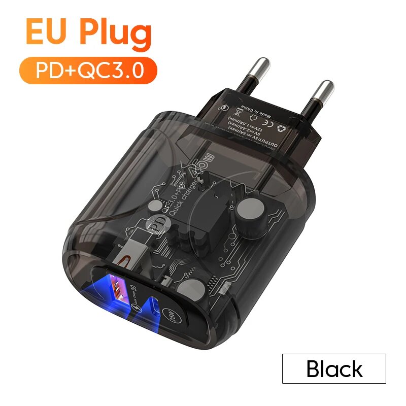 Сетевое зарядное устройство Elough с USB-портом и поддержкой быстрой зарядки, 45 Вт EU Plug