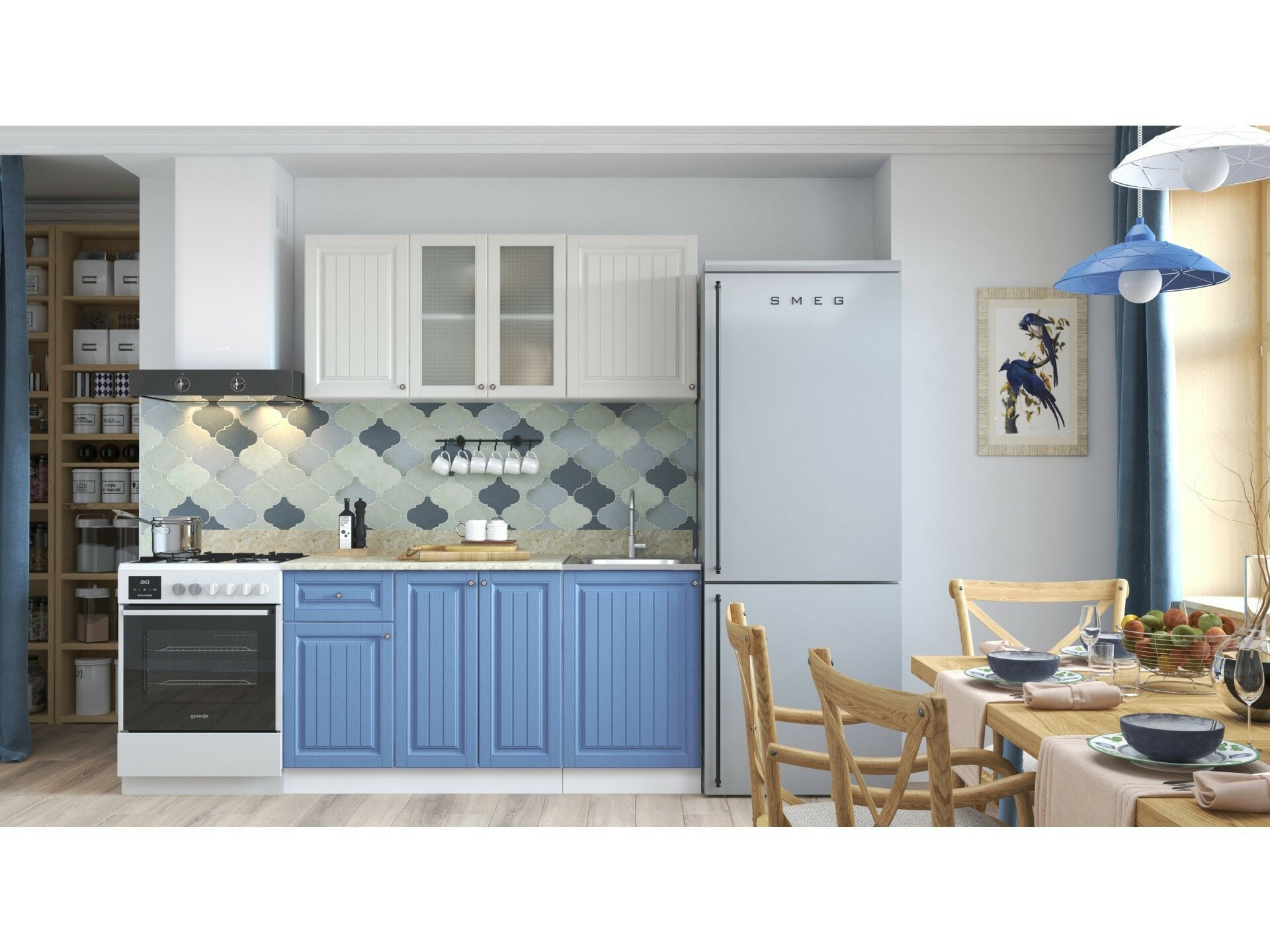 Кухонный гарнитур 1500 в стиле прованс, с МДФ фасадами, Магнолия/Деним, Белый