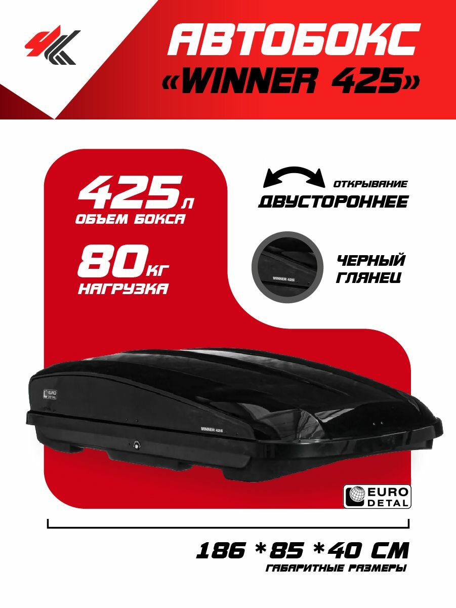 Автобокс на крышу автомобиля "Winner425" двустороннее открывание КИА РИО-Х лайн (черный глянцевый) / Евродеталь