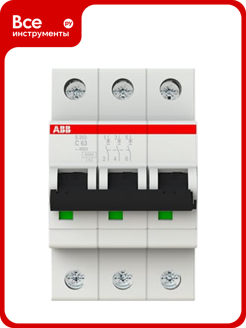 Автоматический трехполюсный выключатель ABB 63А, С, S203, 6кА 2CDS253001R0634, 63 А
