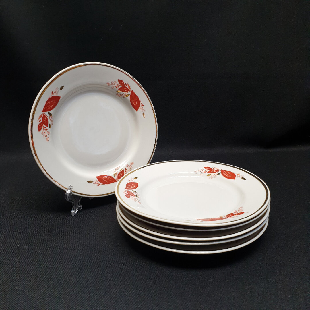 Набор из 6 десертных тарелок Вербилки, фарфор деколь позолота 17 см, винтаж СССР