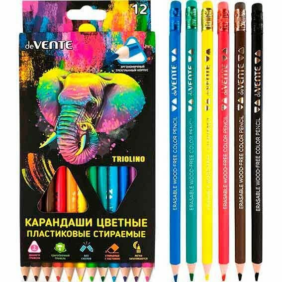 Набор цветных карандашей deVENTE Triolino Erase, пластиковые, 12 цветов, трёхгранные, 2M, ластик, стираемые