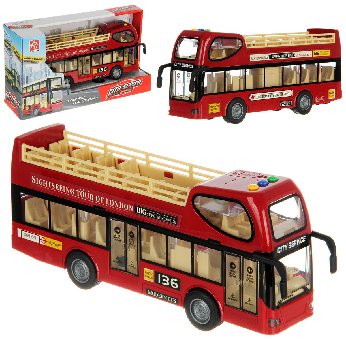 Автобус игрушечный Veld Co, фрикционный, звук и свет, масштаб 1/16