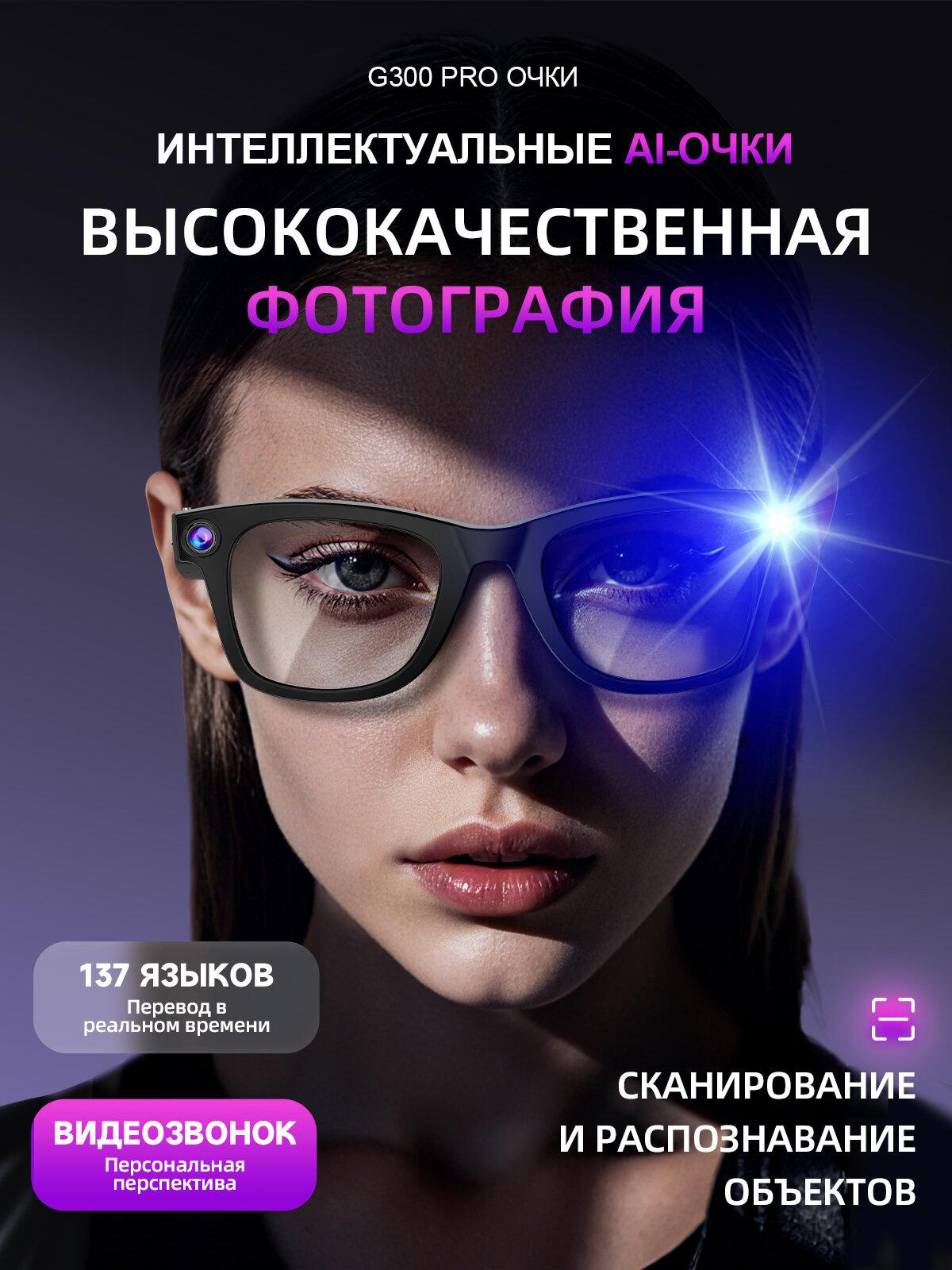 Умные очки с камерой с AI-переводом в реальном времени, наушники переводчики , защитой от синего света , YDG300E
