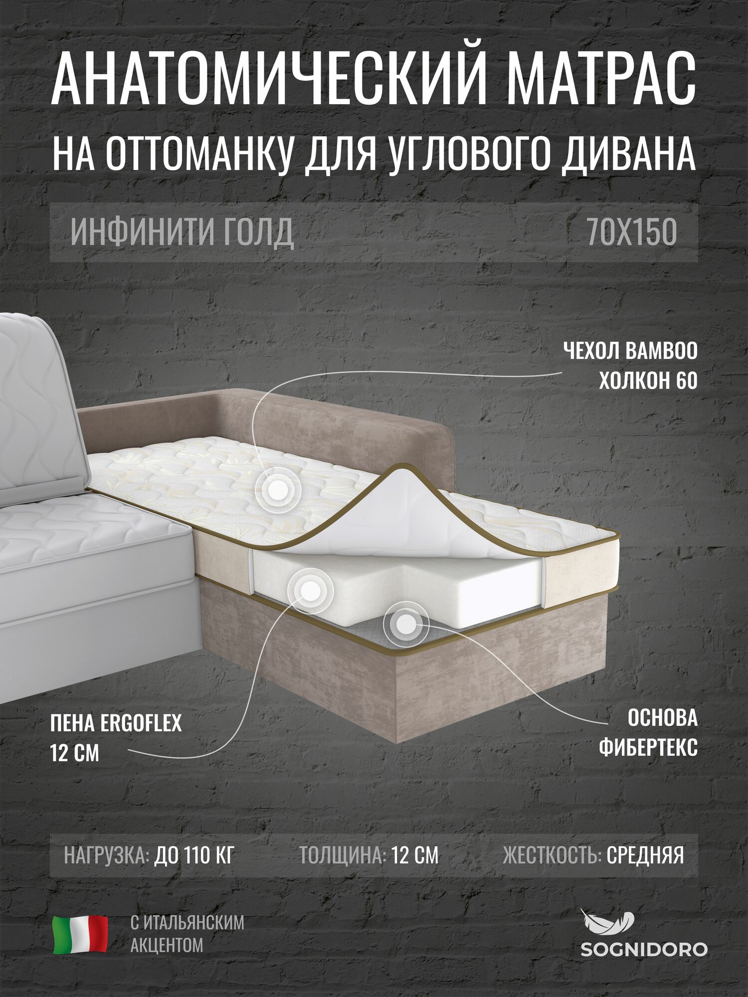 Матрас на оттоманку углового дивана 70х150х12 см, анатомический Инфинити Голд, беспружинный